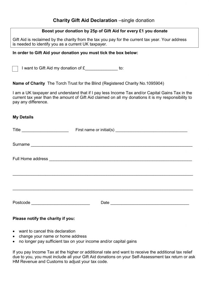 Torch Gift Aid Single Donation Declaration form – Torch Trust eShop
